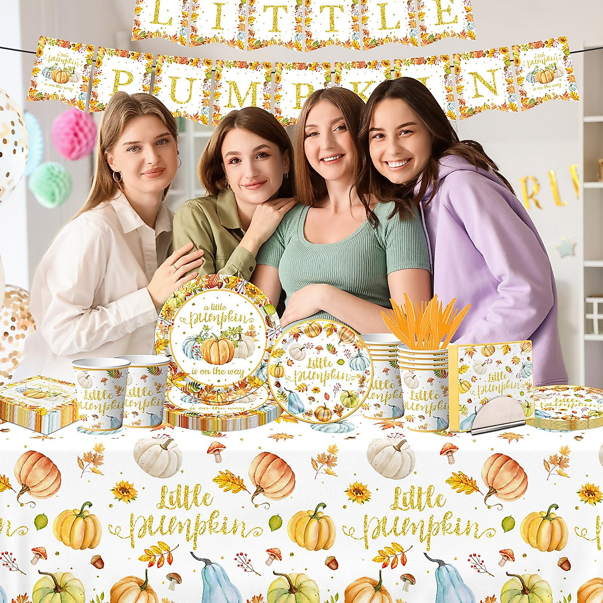 142Pcs Fall Baby Shower Decorations Little Pumpkin Baby Shower Decorations A Little Pumpkin is On The Way Baby Shower Tableware Sets Pumpkin Gender Reveal Thanksgiving Baby Shower Decorations