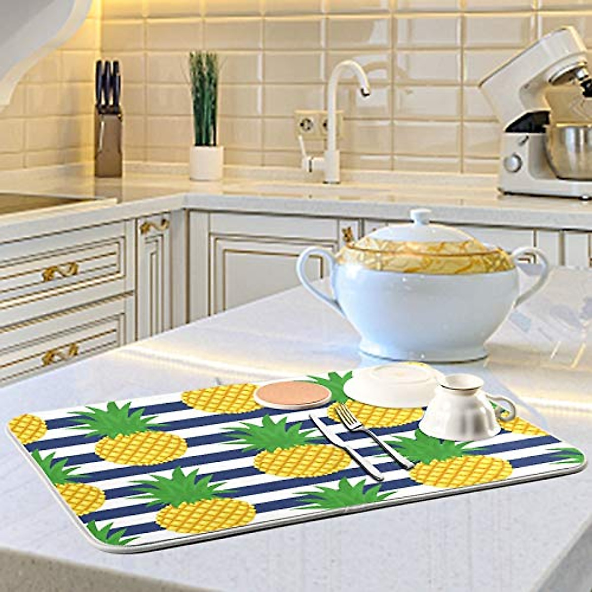 Striped Pineapple Pattern Dish Drying Mat 24"x18" Absorbent Machine Washable Hanging Fast Dry Pad Dish Protective Mat for Kitchen Countertop Heat Resistant Dinner Table Mat