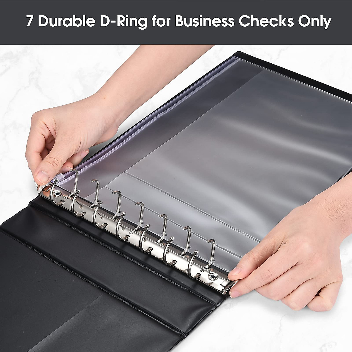 7 Ring Business Check Book Binder, 600 Checks Capacity for 9" x 13" Sheets, PU Leather Checkbook Holder with Zip Pouch