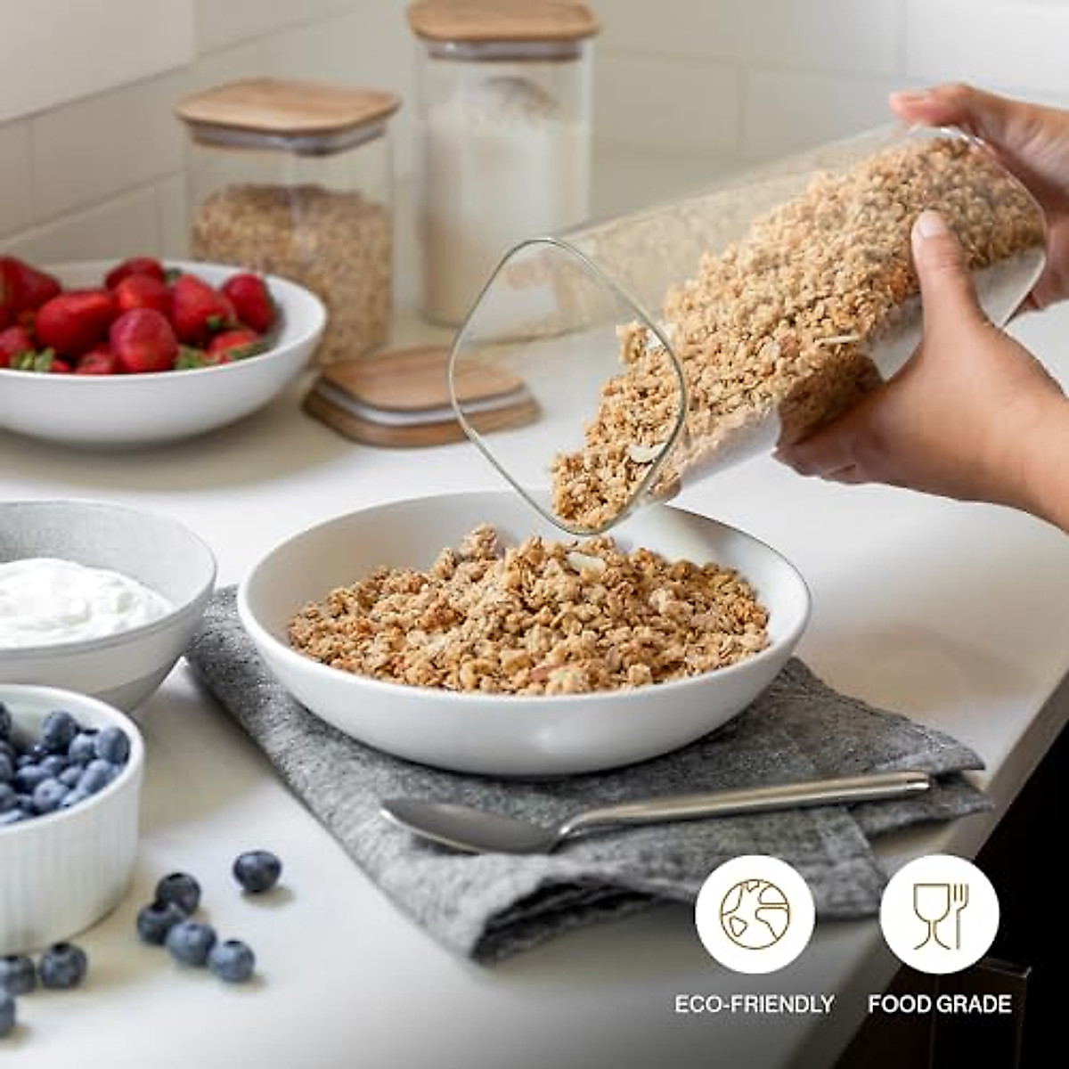 Bloom & Breeze Airtight Glass Pasta Containers for Pantry, Spaghetti Container, Glass Cereal Containers Storage, Rice Dispenser, Square Glass Storage Acacia Lids, Pack of 5