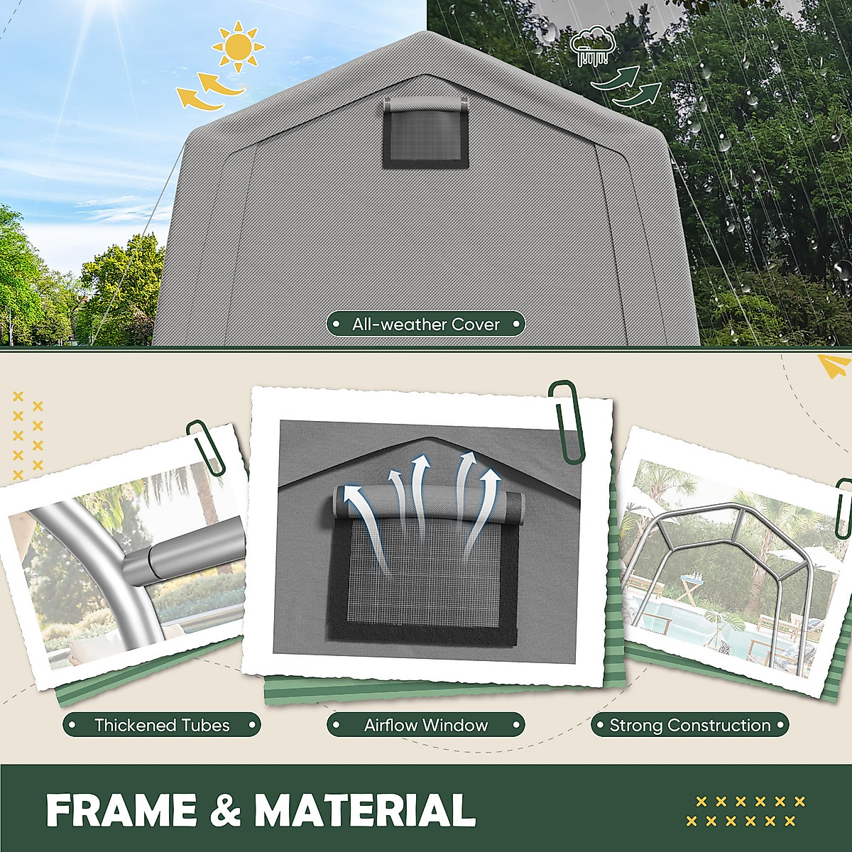 Flamaker Storage Shed 6 x 6 x 7 ft Outdoor Heavy Duty Waterproof Garage Steel Frame Portable Shed with Roll-up Zipper Doors for Motorcycle, Bike, Gardening Tools (Grey)