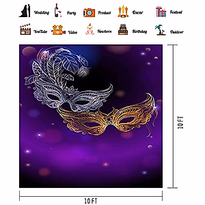 PHMOJEN Prom 2023 Backdrop Gold and Silver Mask Masquerade Violet Photo Backdrop for Graduation Prom Party Decor, Polyester 10x10ft Dress-up Party School Dance Backdrop Photo Studio Props BJLSPH1431