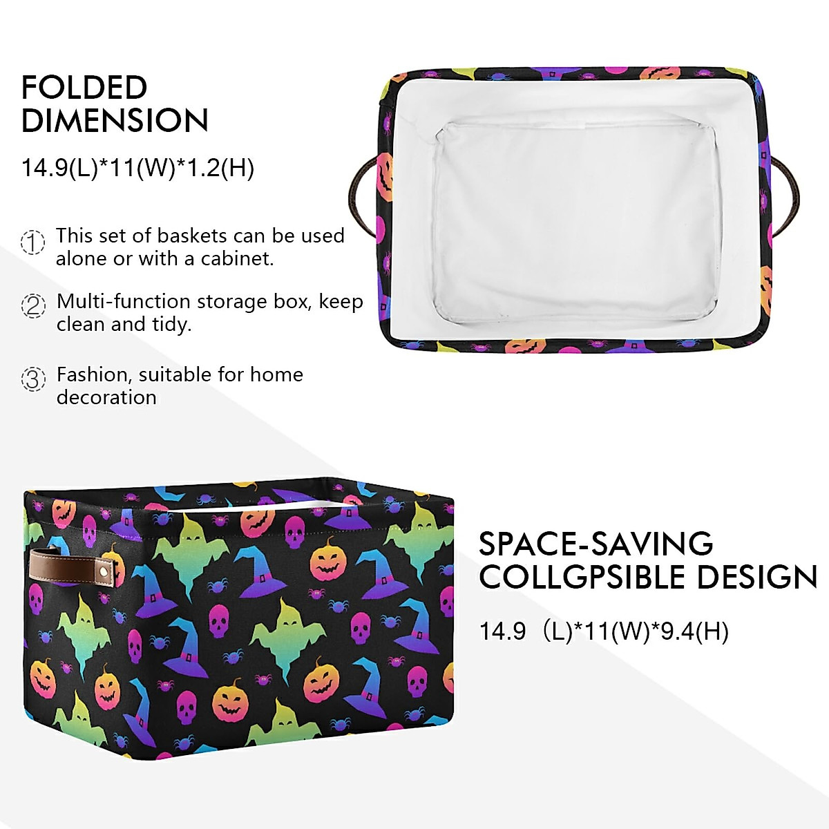 Foldable Storage Basket, Cube Organizer Bins Pumpkin Skull Spider Witch Rainbow Halloween Cube Bag Dual Handles for Closet Shelf