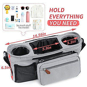 Sunkorto Stroller Organizer with Cup Holder, Universal Stroller Caddy Accessories Baby Stroller Bag Organizer with Detachable Zippered Pocket Non-Slip Straps, Fits For any Stroller - Gray