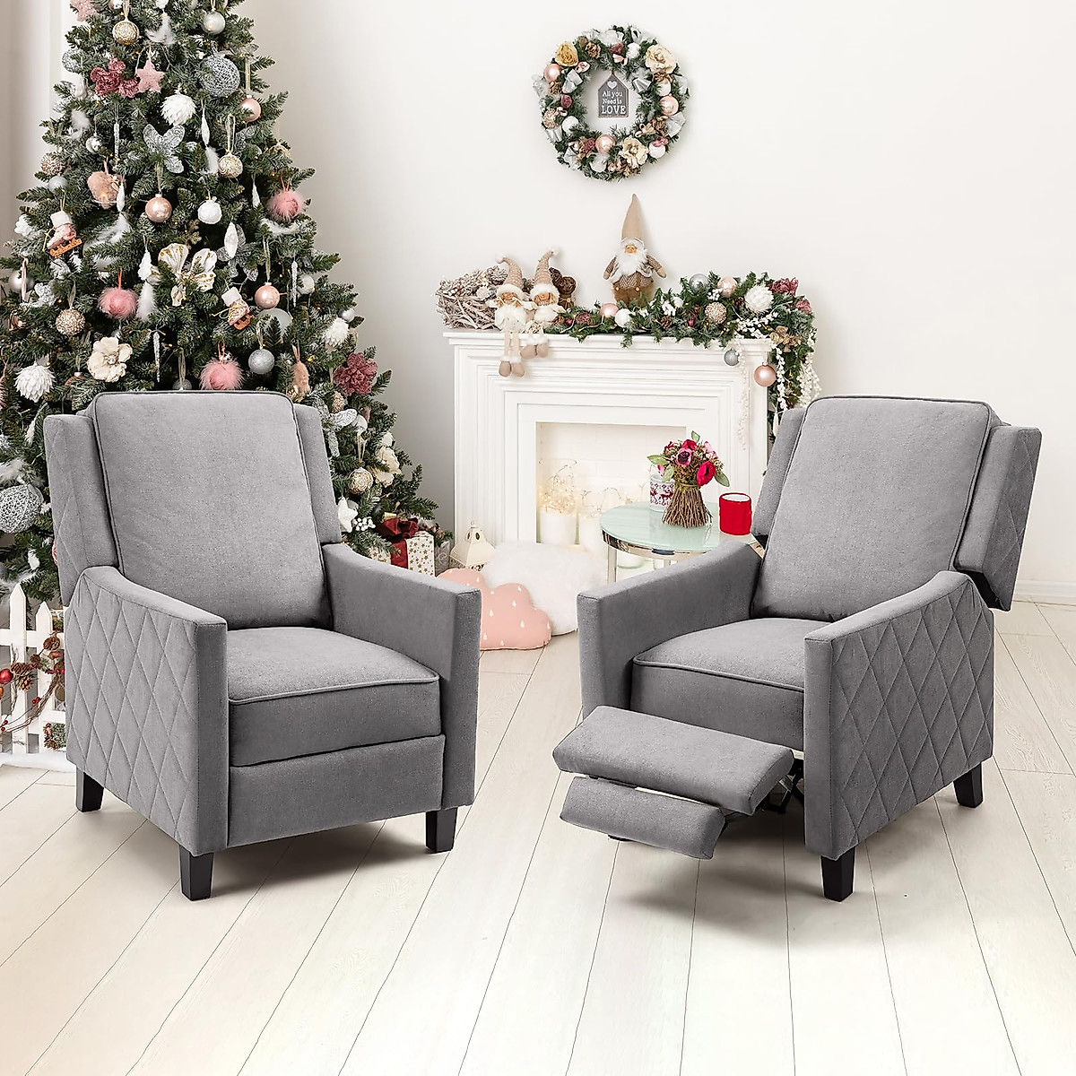 AVAWING Push Back Recliner Chair Set of 2, Wing Back Chairs with Arms, Mid-Century Vintage Accent Chair for Living Room, polyester, Grey