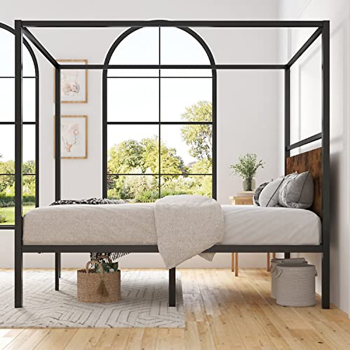ikalido Queen Size Metal Canopy Bed Frame with Wooden Headboard, Classic Design Canopy Bed with 4 Sturdy Posters, Noise Free/No Box Spring Needed/Rustic Brown