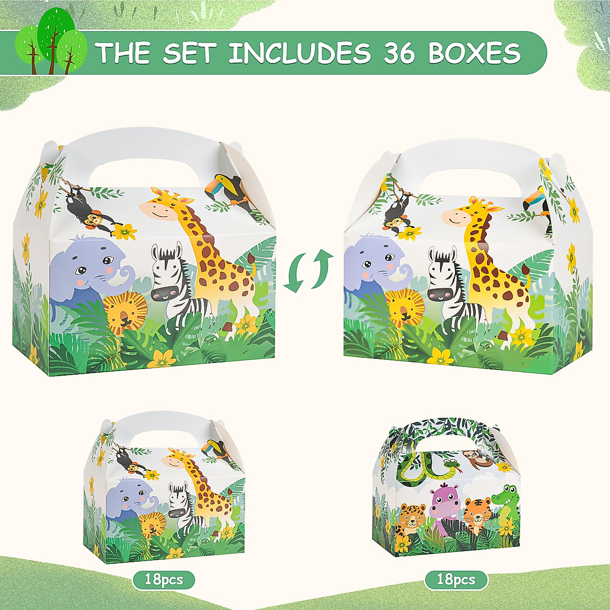 DjinnGlory 36 Pack Safari Woodland Animals Treat Boxes Gable Boxes Party Favor Gift Boxes for Baby Shower, Birthday Party Supplies Decoration, Small Business 6.18 x 3.58 x 3.38 Inches