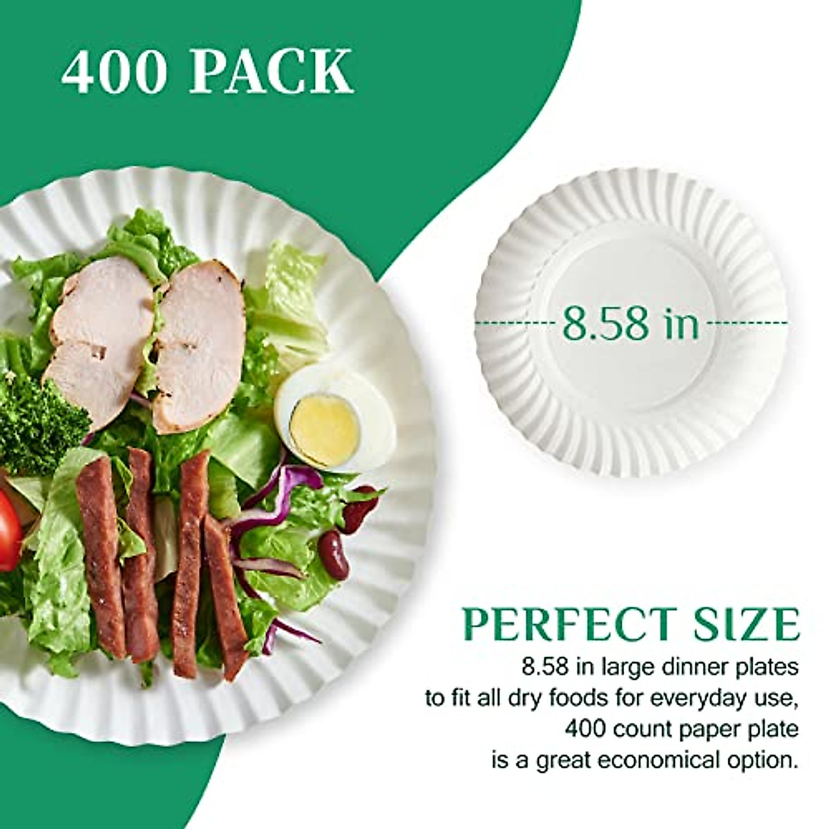 JOLLY PARTY 8.5 inch Round Dinner Plates - 400 Count Everyday Disposable, Light Weight White Paper Plates for Home and Office