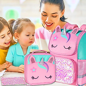 KLFVB 3PCS Girls Backpack , 15" Sequin Unicorn Bookbag with Lunch Box, Kids Preschool School bag for Elementary Students - Pink