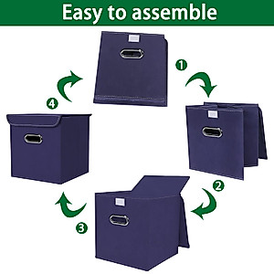 STOREONE Foldable Storage Bins Cubes Storage Organizer With Lid,Fabric Cube Storage Box With Handle,For Home Bedroom Office,Closet, Clothes, Toys,3 Pack,（Navy Blue