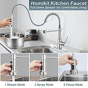 Homikit Kitchen Sink Faucet Brushed Nickel with Pull Down Sprayer, Stainless Steel Spring Kitchen Faucets with Deck Plate 1 or 3 Hole, High Arc Commercial Faucet for Farmhouse Laundry Utility Rv