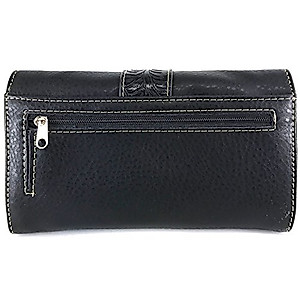 Justin West Tooled Floral Embroidery Buckle Studded Concealed Carry Tote Purse (Black Purse Wallet Set)