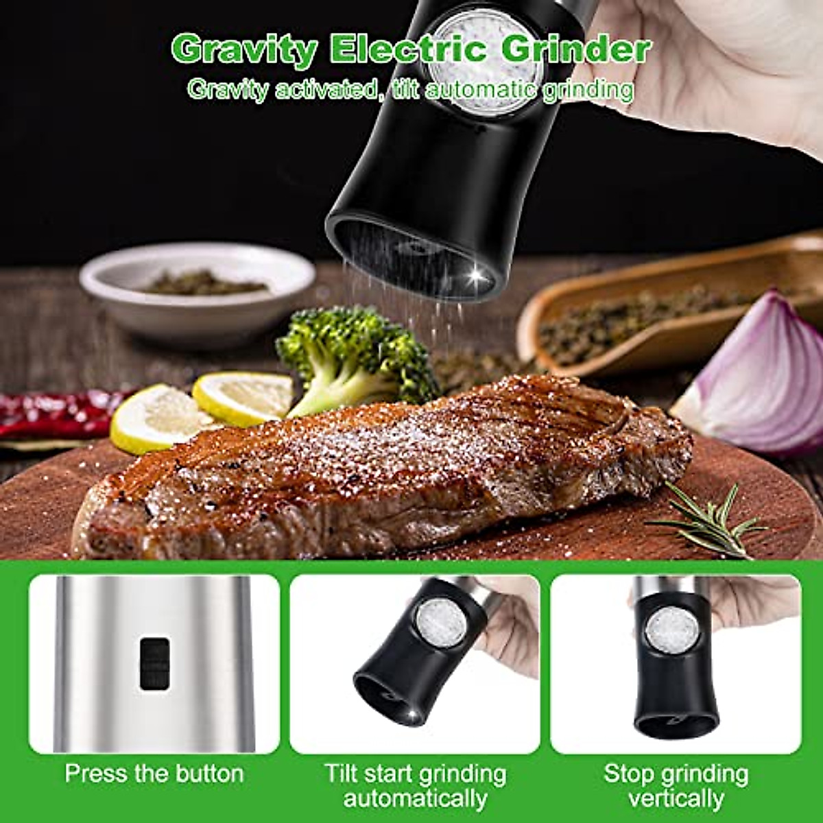 Qoosea Gravity Salt and Pepper Grinder Set, 2 Pack Electric Pepper Grinder Set with LED Light, Stainless Steel Automatic Pepper Grinder Mill Battery Powered, Adjustable Coarseness, One Hand Operated