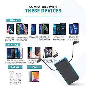 Ampere Really Good Power Bank - 10000mAh Portable Travel Phone Charger with Built-in Lightning Cable [MFi Certified] & Built-in USB-C Cable for iPhone, iPad & AirPods (Black/Teal)