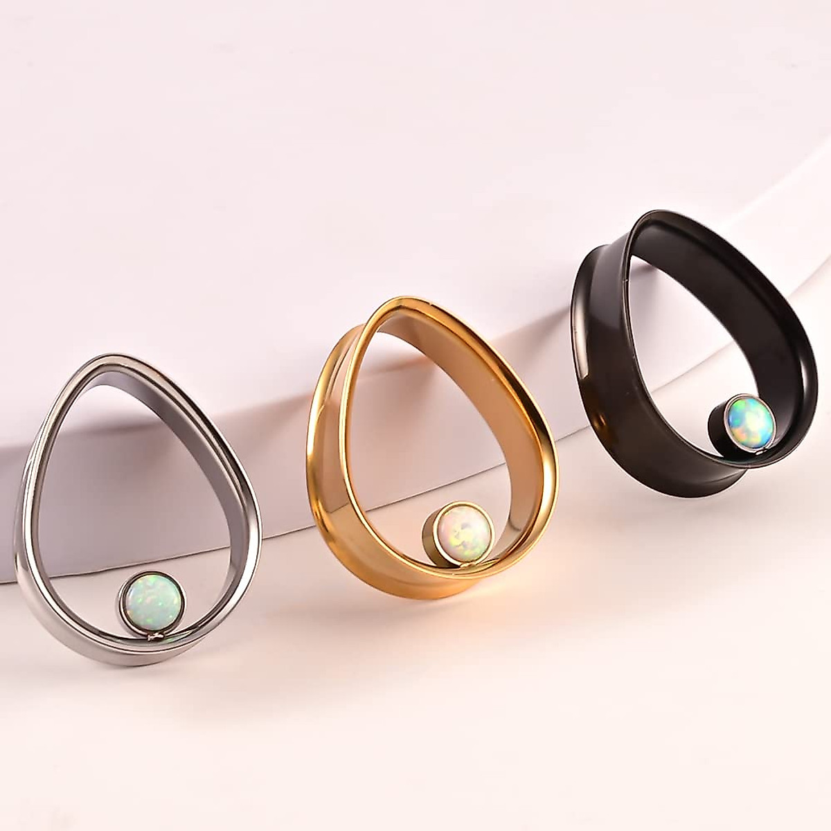 Atomhole 2PCS Teardrop Opal Ear Plugs Tunnels Hypoallergenic Ear Gauges 316 Stainless Steel Ear Expander for Stretchered Earrings Piercing Body Jewelry