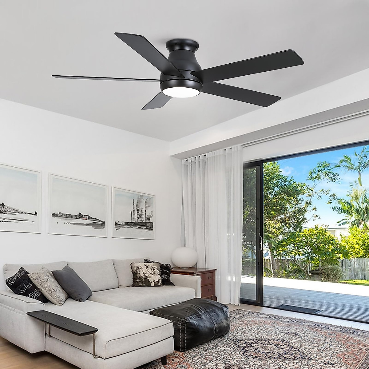 POCHFAN 52 Inch Black Ceiling Fans with Lights and Remote, LED Low Profile Flush Mount Ceiling Fan for Bedroom, Living Room, with Quiet DC Motor, Dimmable 6 Speeds