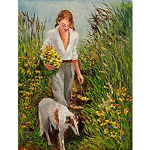 SOLD Handful of Daffodils, Female Figure And Dog By Internationally Renown Impressionist Artist Yary Dluhos
