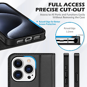 SHIELDON Case for iPhone 15 Pro 5G 6.1", Genuine Leather iPhone 15 Pro Wallet Case Flip Cover RFID Blocking Card Slots Magnetic Closure Shock-Absorbent Case Compatible with iPhone 15 Pro 2023 - Black