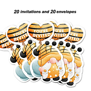 Bee Gnome Party Invitations with Envelopes, 20 Set Bee Gnome Shaped Invitations Birthday Bday Party Invites Supplies Favors, Double-Sided
