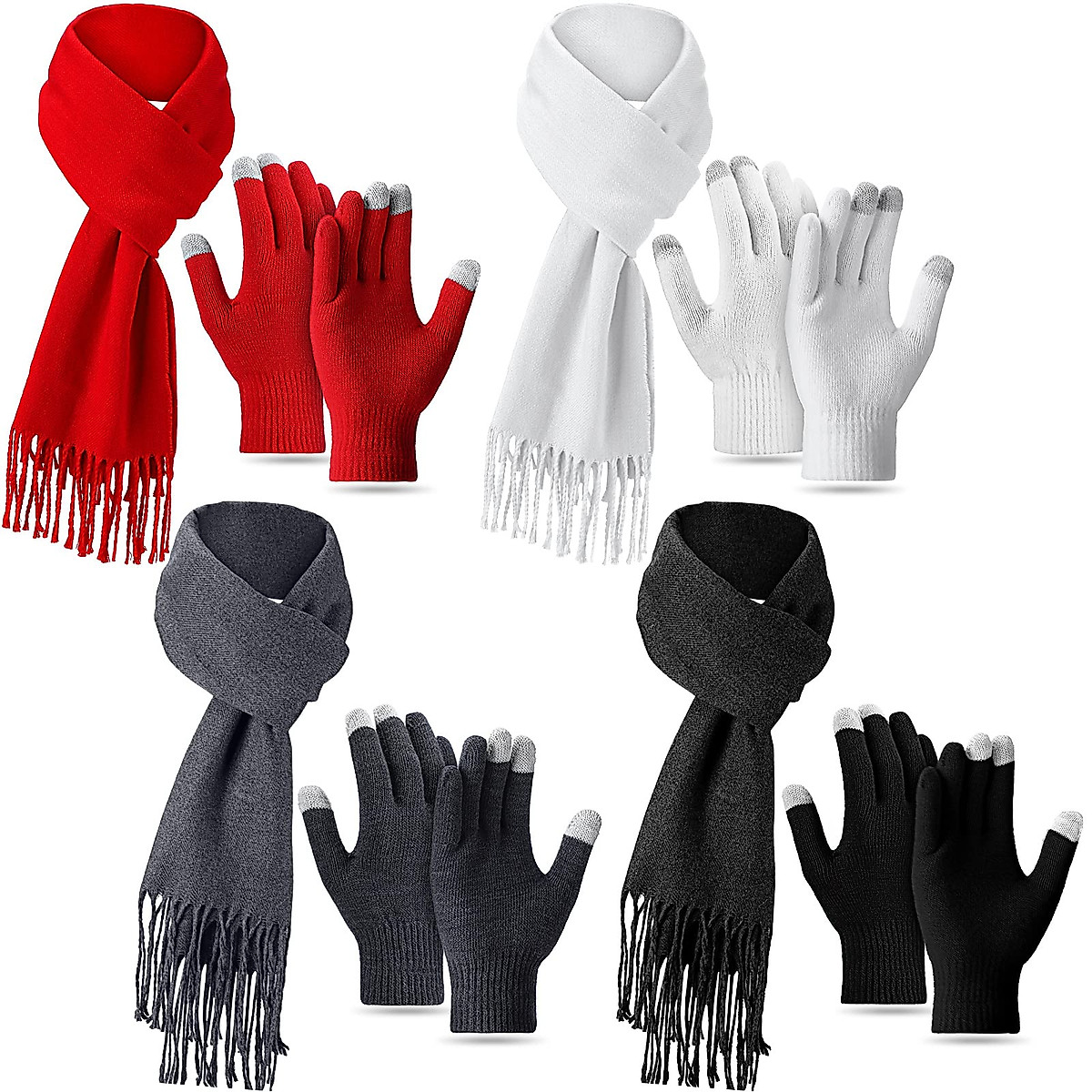 8 Pieces Winter Knit Scarf and Glove Set, Cashmere Scarf Soft Scarf with Matching Gloves Touchscreen Function for Women Gift (Black, Gray, Red, White)