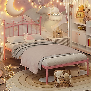 Weehom Twin Bed Frames with Headboard, Elegant Princess Bed for Girls Heavy Duty Metal Platform Bed Easy Assembly Under Bed Storage Space Twin Bed for Kids Adults, Pink