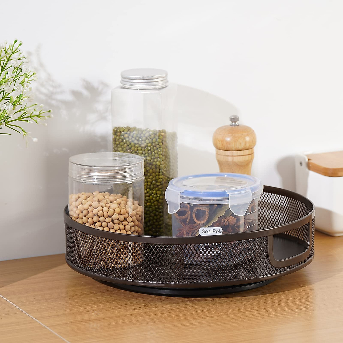 SETTFRFE Lazy Susan Organizer 11 Inches,Metal Mesh Turntable Organizer for Bathroom,Kitchen Countertop,Cabinet,Pantry,Refrigerator, Brown