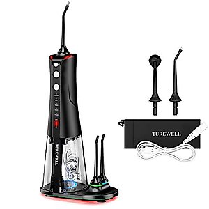 TUREWELL Water Flosser, 300ML Portable Water Teeth Cleaner with 6 Modes, IPX7 Waterproof Oral Irrigator, Waterpick for Travel/Home/Braces (Black)