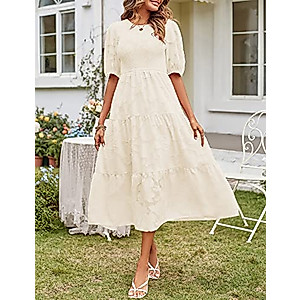 MEROKEETY Women's 2025 Casual Short Sleeve Smocked Dress Round Neck High Waist Ruffle Party Dresses,Beige,XXL