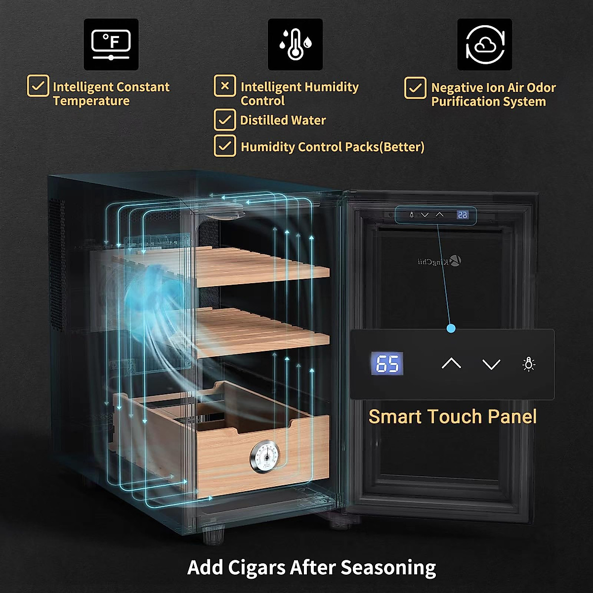 KingChii 23L Electric Cigar Humidors, Temperature Control Cabinet with Spanish Cedar Wood Shelves & Drawer Hygrometer Gifts for Men (150 Counts Capacity)