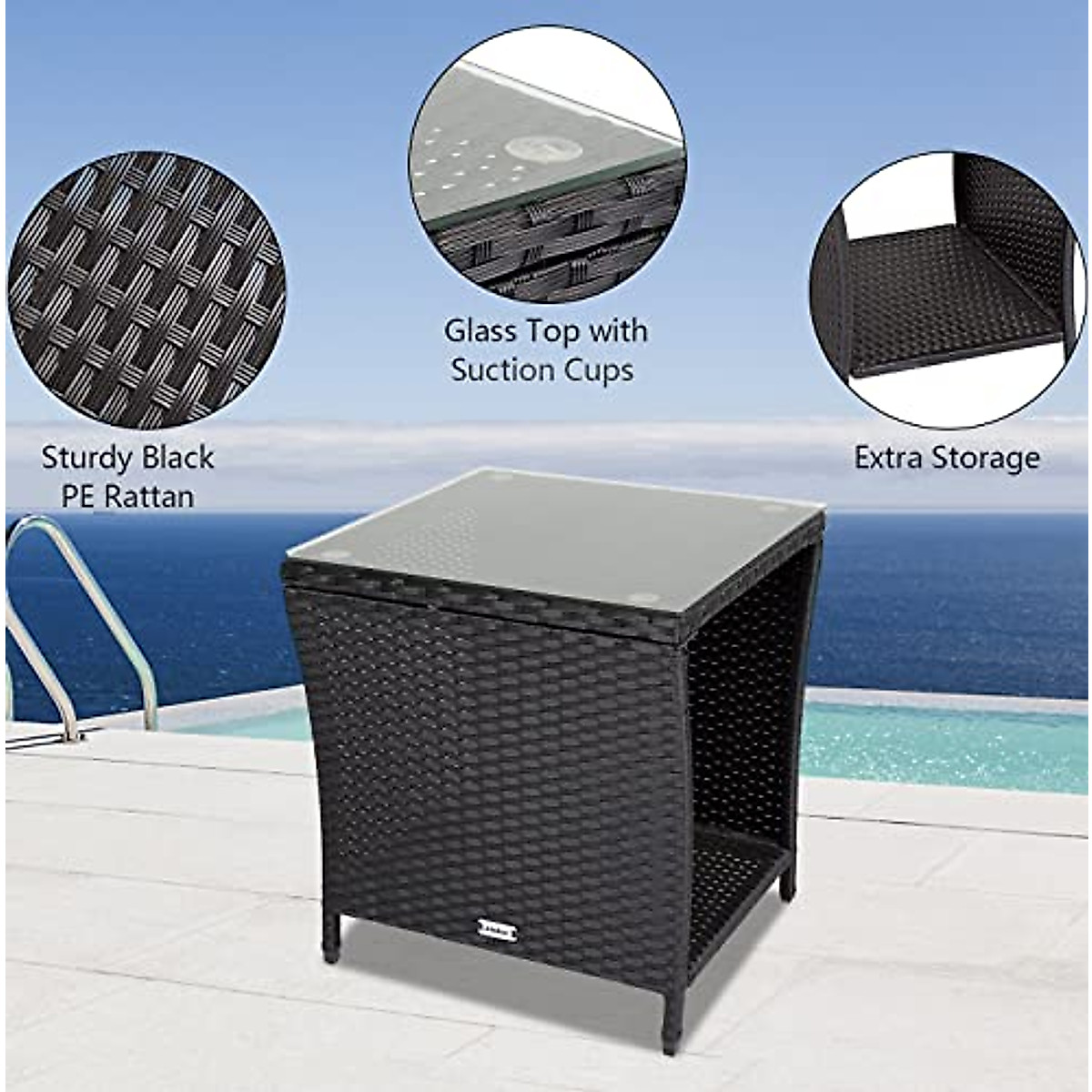 kinbor Porch Side Table, Wicker Table with Storage, Outdoor Square Side Tables for Patio Garden Porch, Black