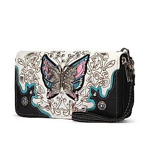Western Style Spring Butterfly Floral Laser Cut Women Country Wallet Black