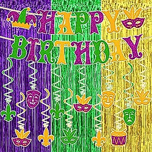 Mardi Gras Birthday Decorations Carnival Happy Bday Banner Green Gold Purple Foil Curtains Backdrop Hanging Swirls Decor Fat Tuesday New Orleans Masquerade fleur de lis Theme Festival Party Supplies