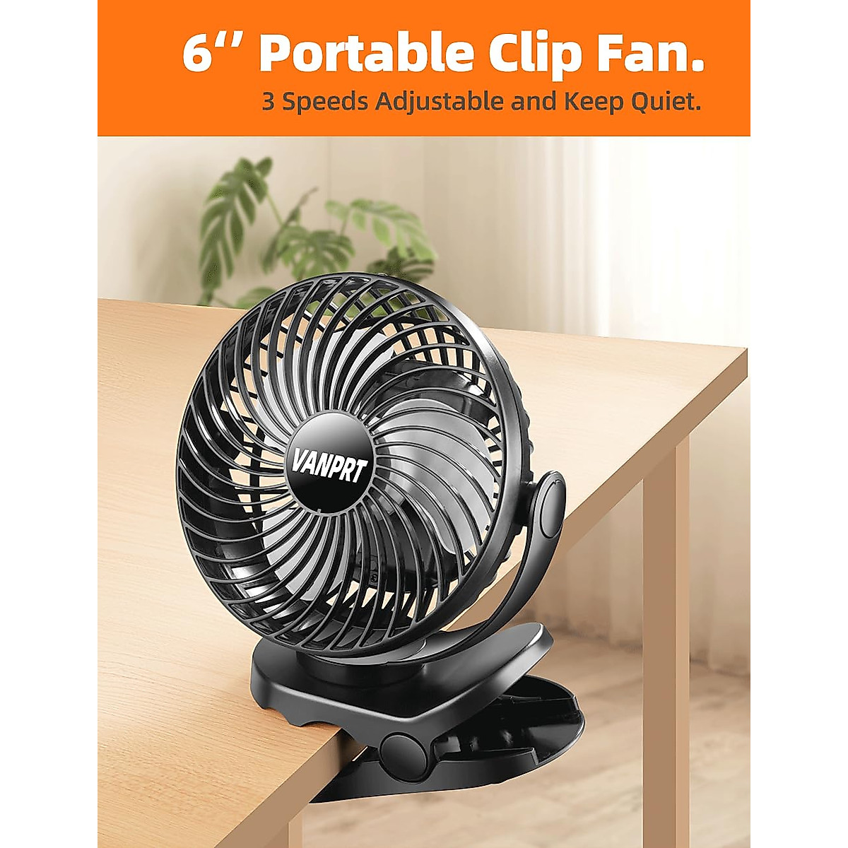 VANPRT 6'' Clip Fan, Portable Clamp Fan with Hanging Hook, 5000mAh Rechargeable Battery Fan, 3 Speeds, 720° Rotation, Quiet, Strong Grip Clamp, 7-30 Working Hours for Camp Stroller Bed - Pink