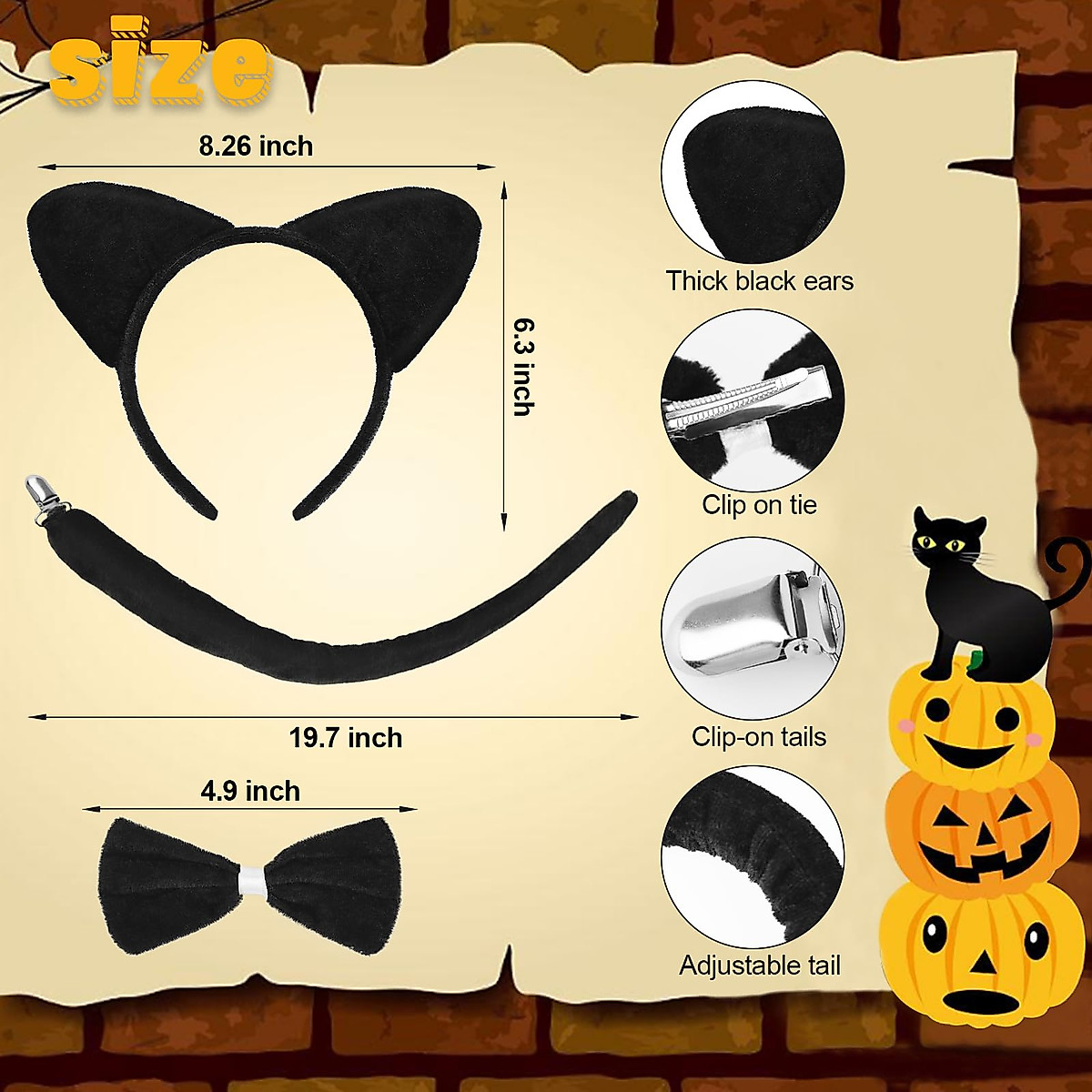 Hayner-Seek Cat Costume Cat Ears Headband Black Cat Ears Cosplay Headband with Bowknot Tail Animal Cosplay Halloween Costume For Women lack Cat