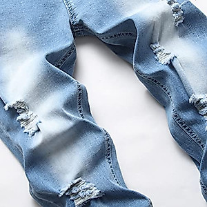 Men's Jeans Slim Fit Tapered Leg Ripped Stretch Flex Pants Skinny Cut Distressed Classic Light Blue Young Fashion Denim（5331-32）