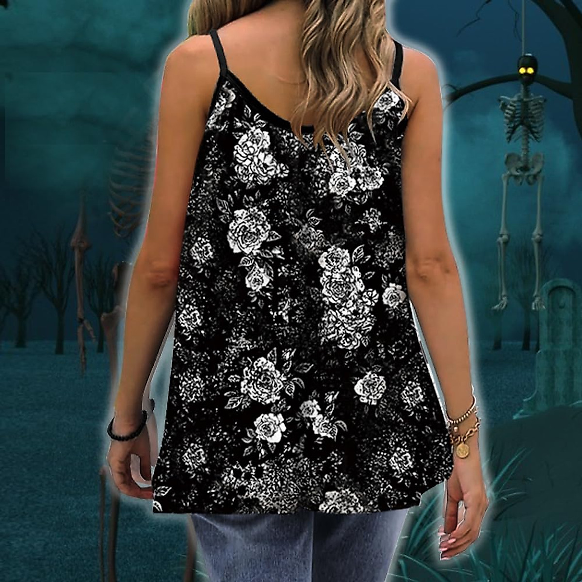 Eciodci Women's Halloween Horror Loose Tank Top Shirts 3D Print Rose Skeleton V Neck Sleeveless Tank Tops