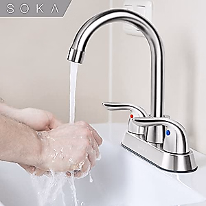 SOKA Centerset Bathroom Sink Faucet Two Handles High Arc 4" Lavatory Bath With Deck Plate & Pop-Up Drain Fit 3 Hole Installation, Brushed Nickel (SK18001NY)