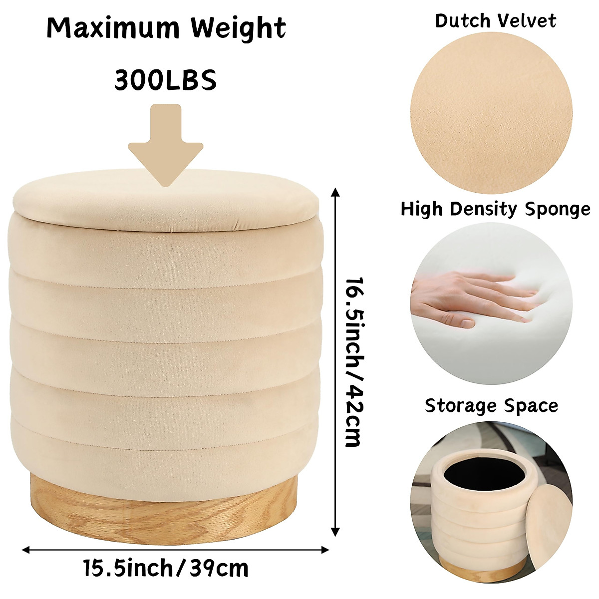 NEWIMAGE Round Ottoman Storage Box Dutch Velvet Pouffe Footstool 15.5'' Padded Stool Seat with Wooden Base, Footrest Vanity Stool with Lids for Bedroom Living Room Balcony Snack(Cream Horizontal Line)