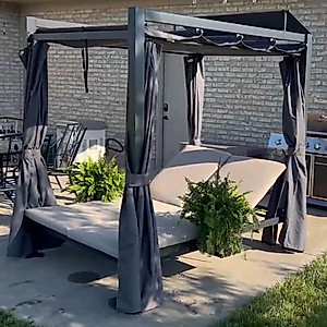 Domi Aluminum Outdoor Patio Daybed with Retractable Canopy Bed, Double Chaise Lounge Outdoor Grey Curtain with Beige Cushion & Cup Holder, for Outside Pool,Garden,Backyard,Lawn