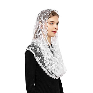 Wgior Embroidered Lace Chapel Veil Infinity Mantilla Veils Catholic Church veil Latin Mass Head Covering Scarf (White)