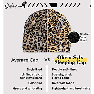 Olivia Sylx Satin Sleep Cap and Hair Bonnet for Sleeping - Satin Lined Sleep Cap, Sleeping Bonnet Satin Head Wrap - Satin Hair Wrap - Cheetah