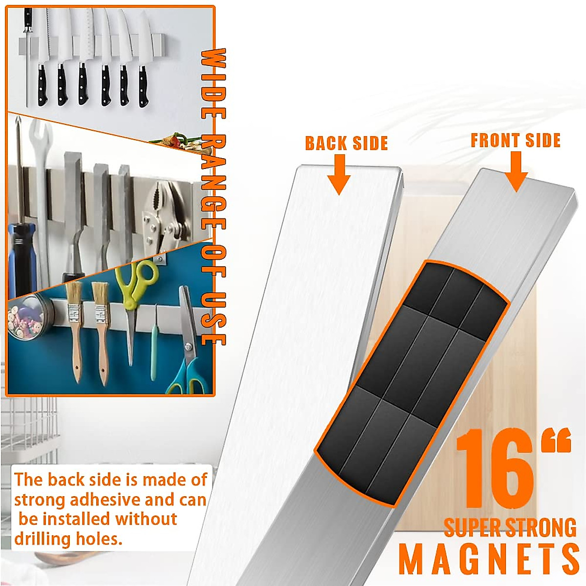 16 Inch Stainless Steel Magnetic Knife Holder for Wall, No Drilling Magnetic Knife Strip with Adhesive for Kitchen Utensil Holder, Art Supply Organizer & Tool Holder