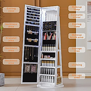 Lvifur 360° Rotating Jewelry Armoire 6 LEDS, Full Length Mirror Large Capacity Jewelry Organizer Armoire, Lockable Floor Standing Mirror for Bedroom, Cloakroom