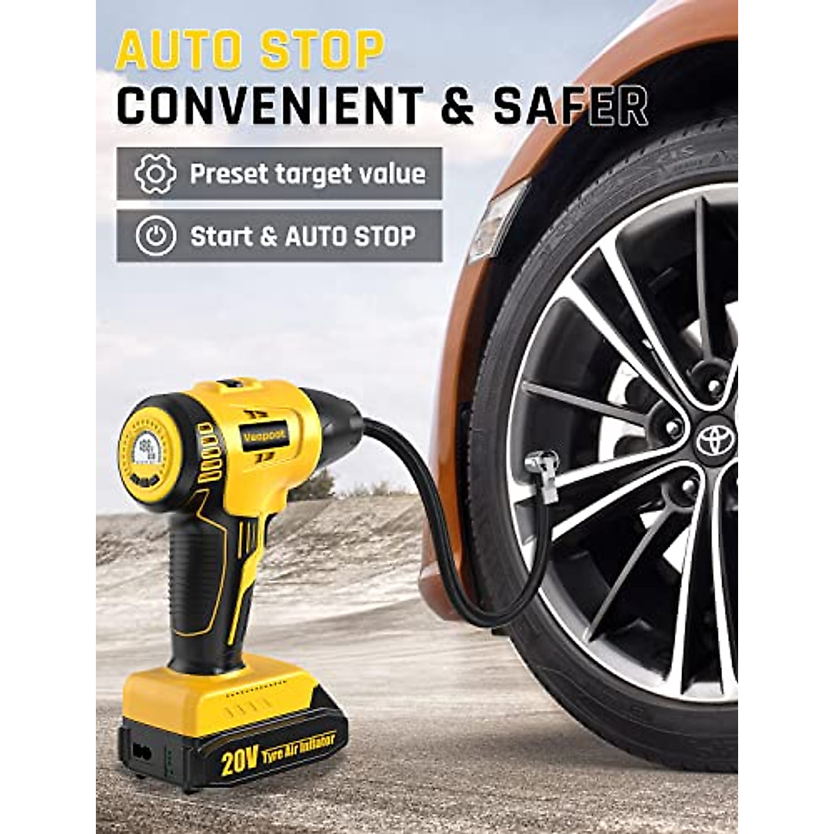 Veapoot Tire Inflator Portable Air Compressor, Air Pump for Car Tires, 20V Rechargeable Battery Powered 160PSI Handheld Tire Pump with 12V Car Adapter,Digital Pressure Gauge, Auto Inflation and Stop