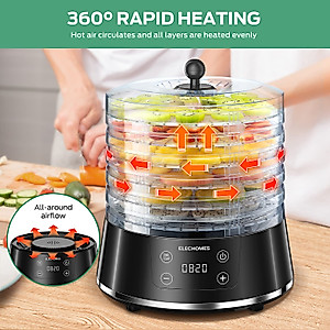 Food Dehydrator, Elechomes Upgraded 6-Tray Dryer for Beef Jerky, Meat, Fruit, Dog Treats, Herbs Vegetable, Digital Time & Temperature Control, Overheat Protection Fruit Roll Sheet Included, BPA Free
