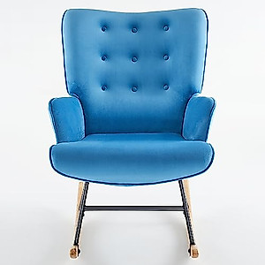 Kosydown Basic Blue Rocking Chair, Velvet Rocking Chair Nursery, Upholstered Comfy Armchair with High Backrest for Living Room Bedroom Offices, Solid Wood Legs Reading Chair
