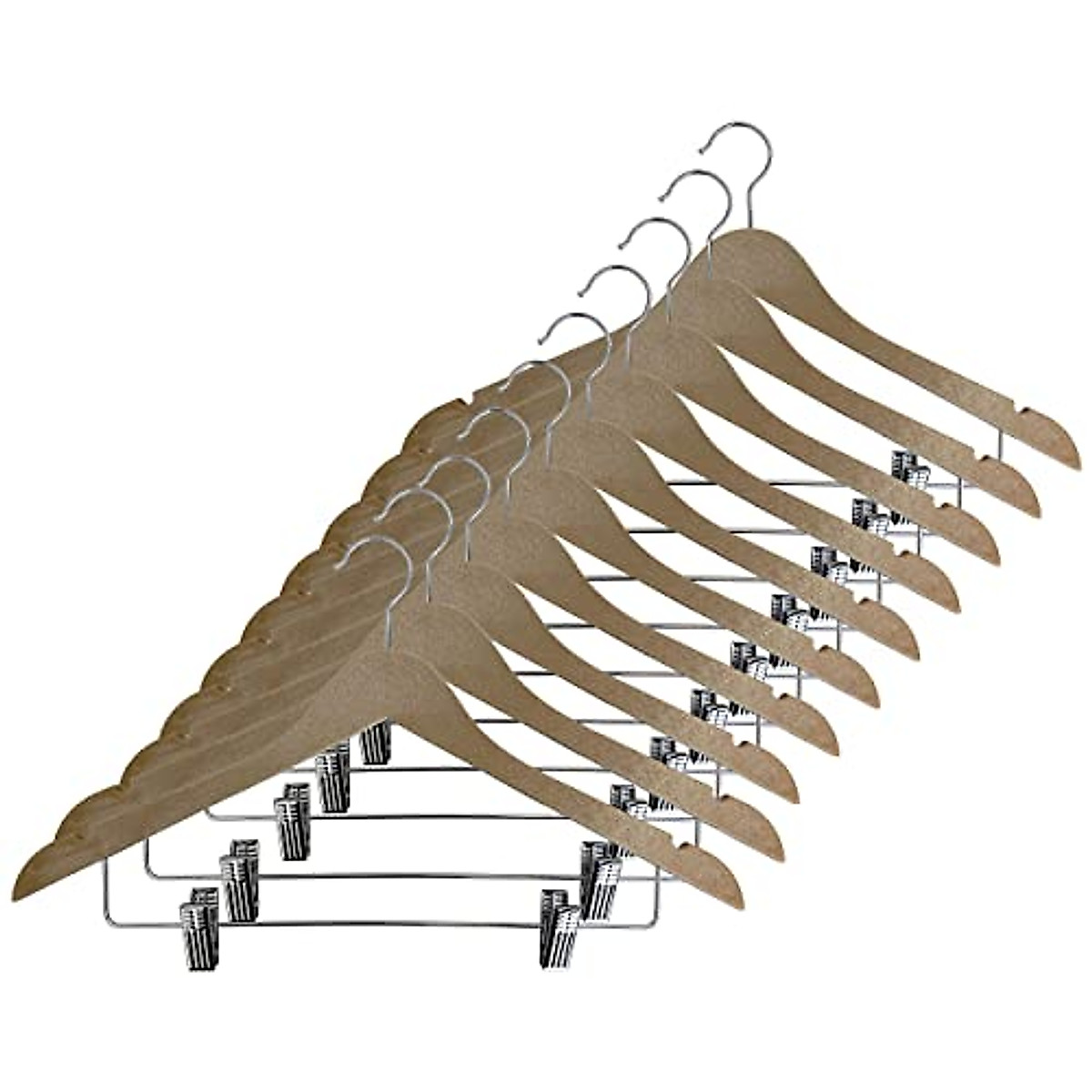 USTECH Bowed Shaped Eco-Friendly Clothes Hangers with Clips | Heavy Duty Wood Finish Hanger for Suits, Pants, and Skirts | Closet Space Saver with Shoulder Notch for Strappy Dresses | Pack of 10