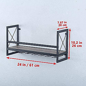 MBQQ Industrial Wine Racks Wall Mounted with Stemware Racks,23.6in Rustic Metal Hanging Wine Holder,Bottle Holder with 7 Stem Glass Holder,Metal&Wood Shelves Home Decor Wall Shelf