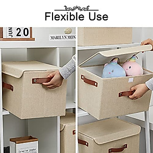 WLFRHD Fabric Storage Baskets with Lids 15x10x10 inches Collapsible Decorative Storage Boxes with Lids Closet Storage Bins Organizer Storage Works Fabric Storage Boxes with Handles for Toys Shelves Clothes (Khaki,3-Pack)