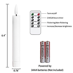 Yeelida Battery Operated Flameless Taper Candles with Two Remote Timer,6.4” LED 3D-Wick Window Candles,Flickering Long-Lasting Warm Light Electric Pack of 6 Flameless Candlesticks(0.78” Dia,White)